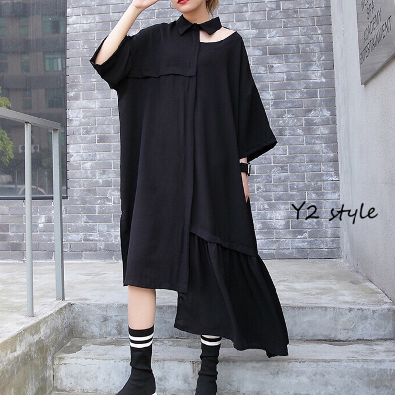 Y2 style ️簡約露肩不對稱七分袖長版洋裝 ️Y2style歐美設計款寬鬆暗黑中大尺碼q1-912 | 蝦皮購物