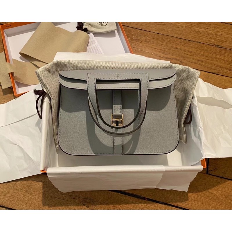 全新愛馬仕代購HERMÈS Halzan 25 金釦 8U冰川藍 ec皮 | 蝦皮購物