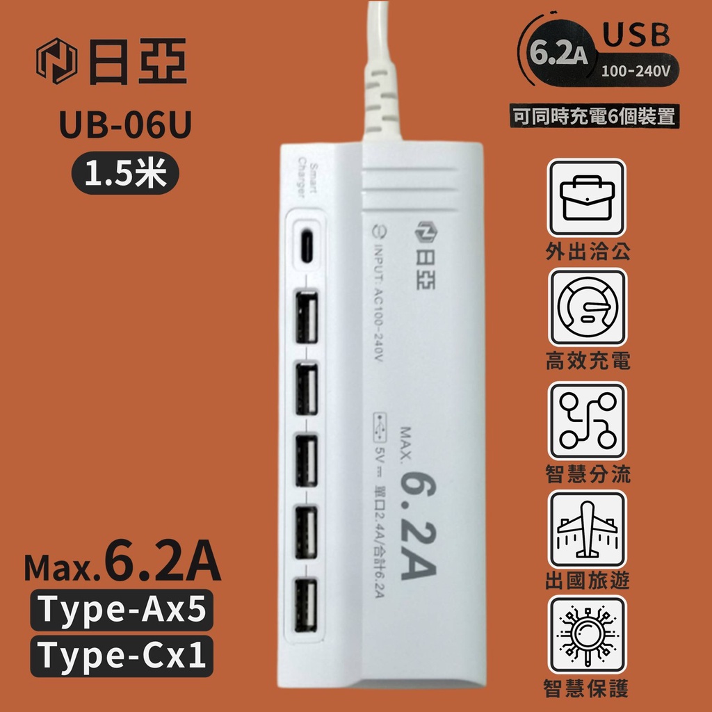 【盈億商行】日亞 UB-06U 6.2A USB智慧型充電器 1.5米 | 蝦皮購物