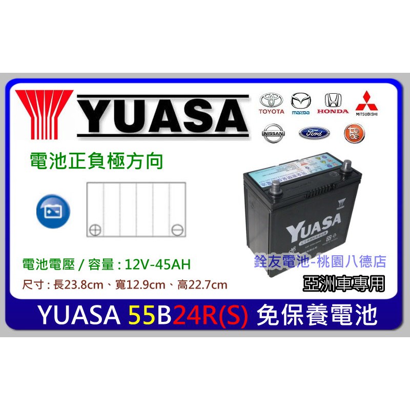 ☆銓友電池☆桃園電池☆實體店面 YUASA 55B24RS 免保養汽車電池 WISH.TECEL.中華威力 | 蝦皮購物
