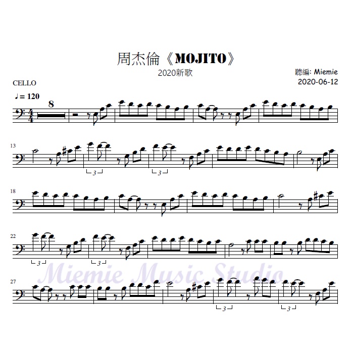 (大提琴譜/樂譜)周杰倫/Jay Chou【Mojito/莫希托】Cello Sheets | 蝦皮購物