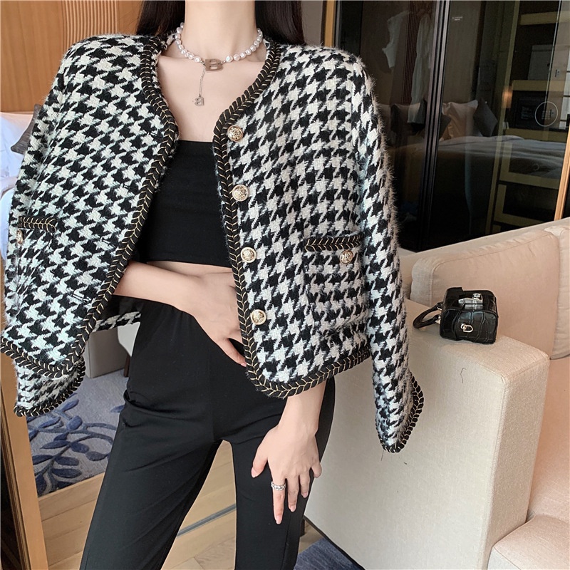 千鳥格滾邊外套【755 】PAPI女裝批發 秋冬新款韓系INS修身顯瘦氣質網紅滾邊格紋上衣 格子外套 開衫外套 外套女 | 蝦皮購物