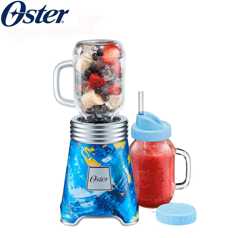美國 oster ball經典隨鮮瓶果汁機 blstmm-ba4 彩繪藍 ball mason jar 一機一杯組 | BeeCost