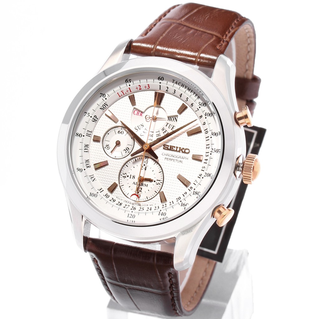 現貨 SEIKO SPC129P1 精工錶 手錶 44mm 萬年曆計時碼錶 白面盤 玫瑰金 咖啡皮錶帶 男錶女錶 | 蝦皮購物