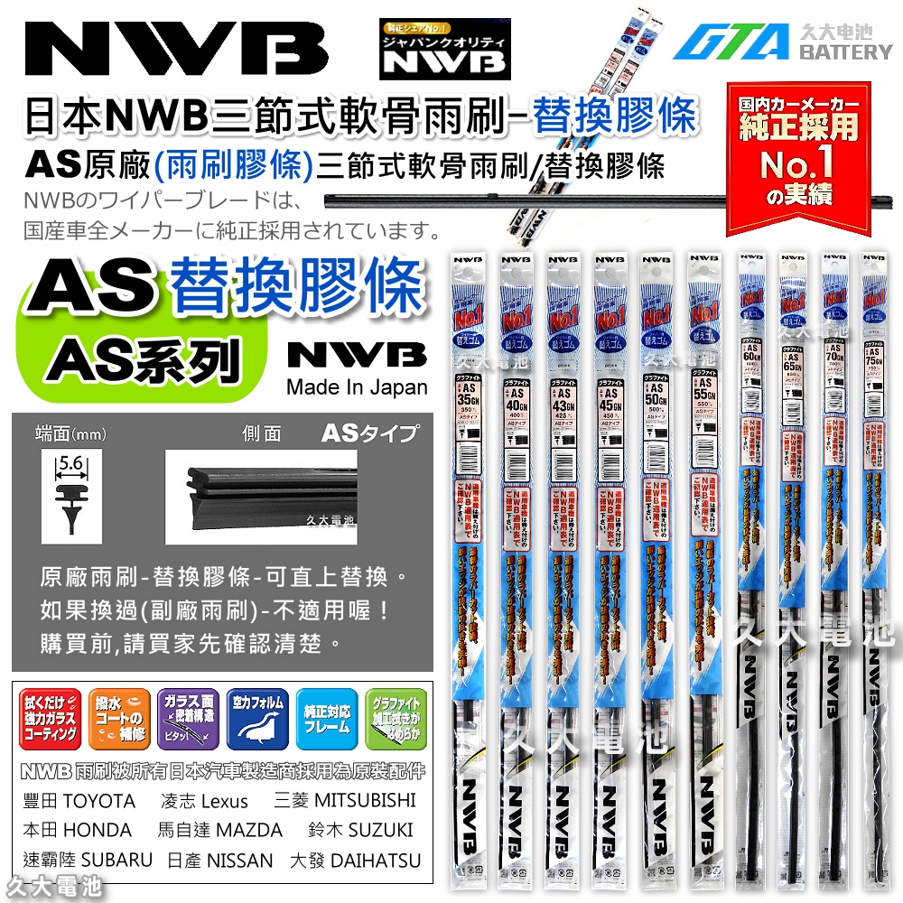 【可超取】日本 NWB AS系列 5.6mm 雨刷膠條 軟骨雨刷皮 石墨覆膜 豐田 凌志 馬自達 速霸陸 日本原裝進口 | 蝦皮購物