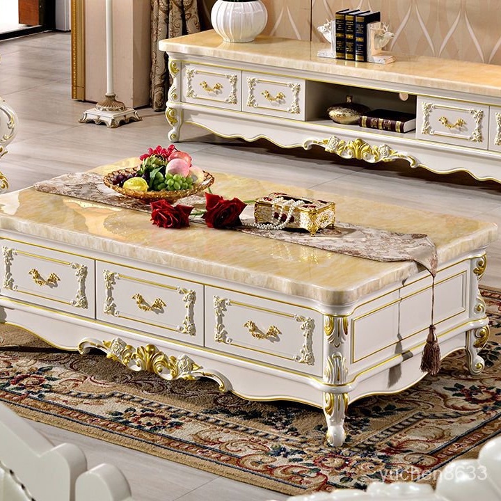 源頭工廠發貨【 進口材料】免運 歐式大理石茶幾方形實木茶桌客廳鵰花茶幾電視櫃組閤整裝小戶型 JGNF | 蝦皮購物