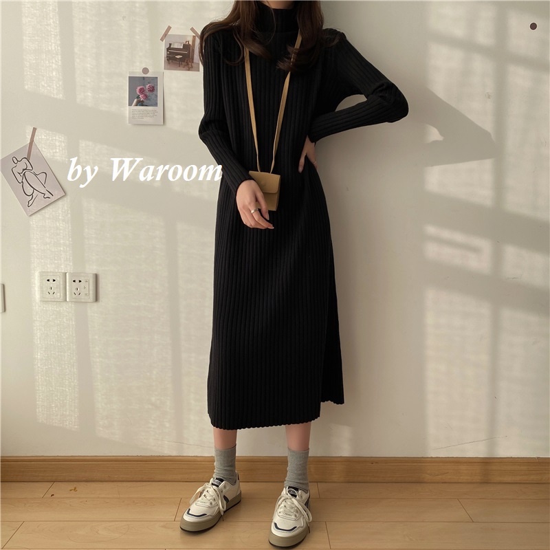 Waroom|現貨 A626 秋冬高領保暖中長款毛衣裙子 女裝 寬鬆顯瘦針織長袖連衣裙 坑條修身洋裝 連身裙 長裙 | 蝦皮購物