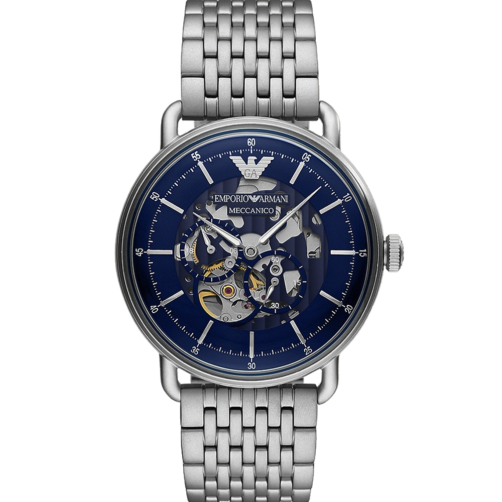 EMPORIO ARMANI 官方直營 Luigi 質感鏤空機械錶 黑色真皮錶帶 手錶 43MM AR60007