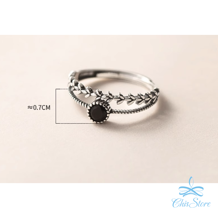 CHISSTORE【鍊黑X樹葉戒指】韓國 復古泰銀 雙層 黑珠 圓珠 葉片 大小可調 抗過敏戒指 S925 純銀戒指 - 新奇飾品chisstore - iOPEN Mall