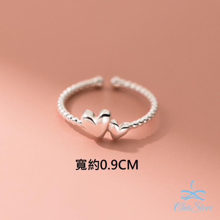 CHISSTORE 銀飾 韓國 簡約 氣質 麻花 大小愛心戒指 心型 立體 氣質 防過敏 開口戒指 S925 純銀戒指 - 新奇飾品chisstore - iOPEN Mall