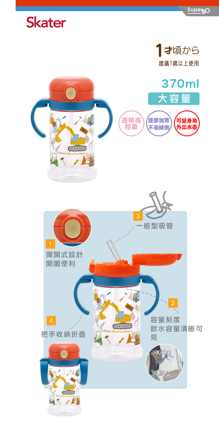 Skater 370ml 寬底吸管水壺｜工程車｜握把式水壺｜KSHW2N｜透明吸管水壺｜學習水杯｜喝水練習杯 - 頂尖廚師 TOP CHEF 官方旗艦生活館 - iOPEN Mall