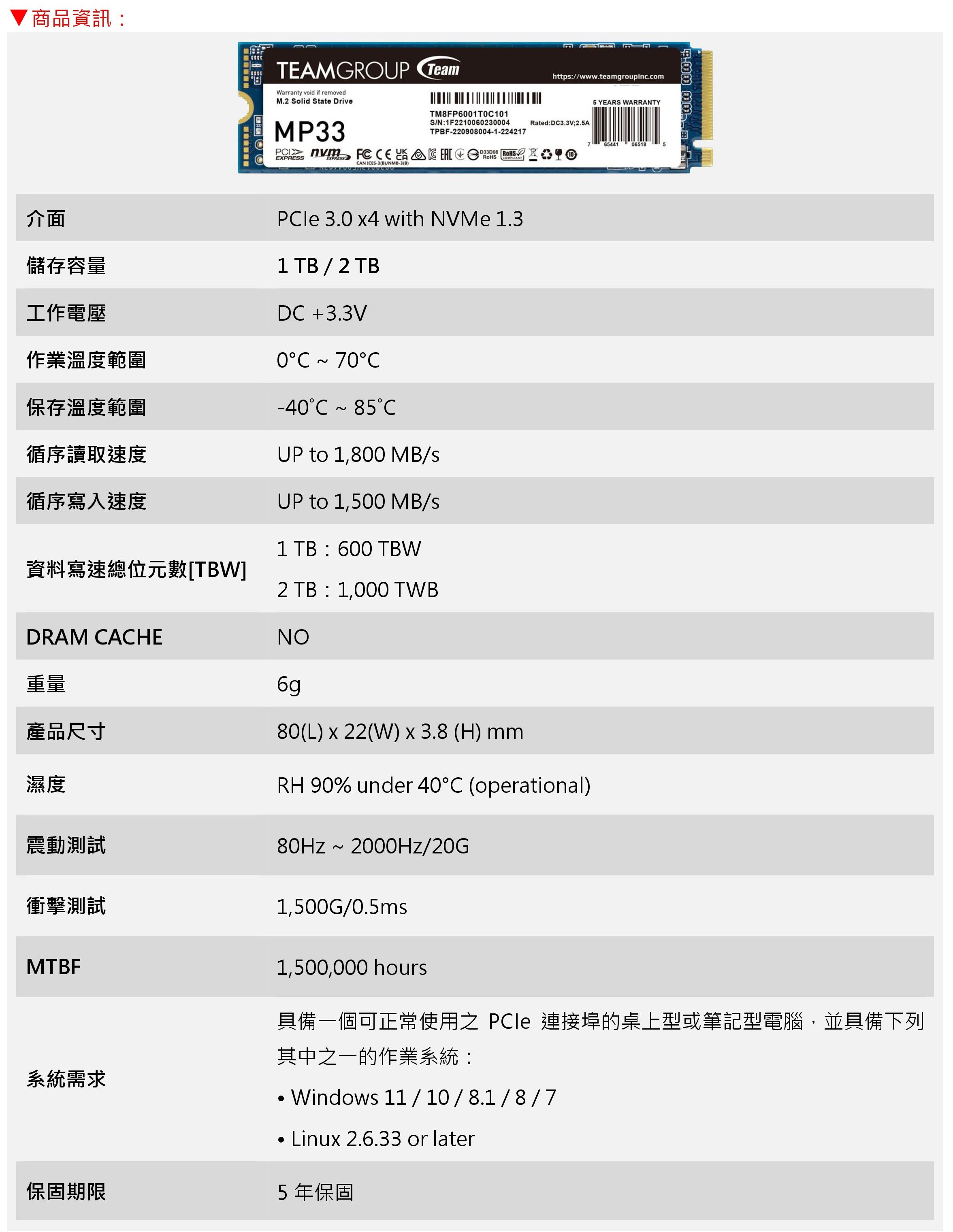 十銓TEAM-MP33 M.2 PCIe Gen3x4 【1-2 TB】 固態硬碟 - 十銓-TEAMGROUP - iOPEN Mall